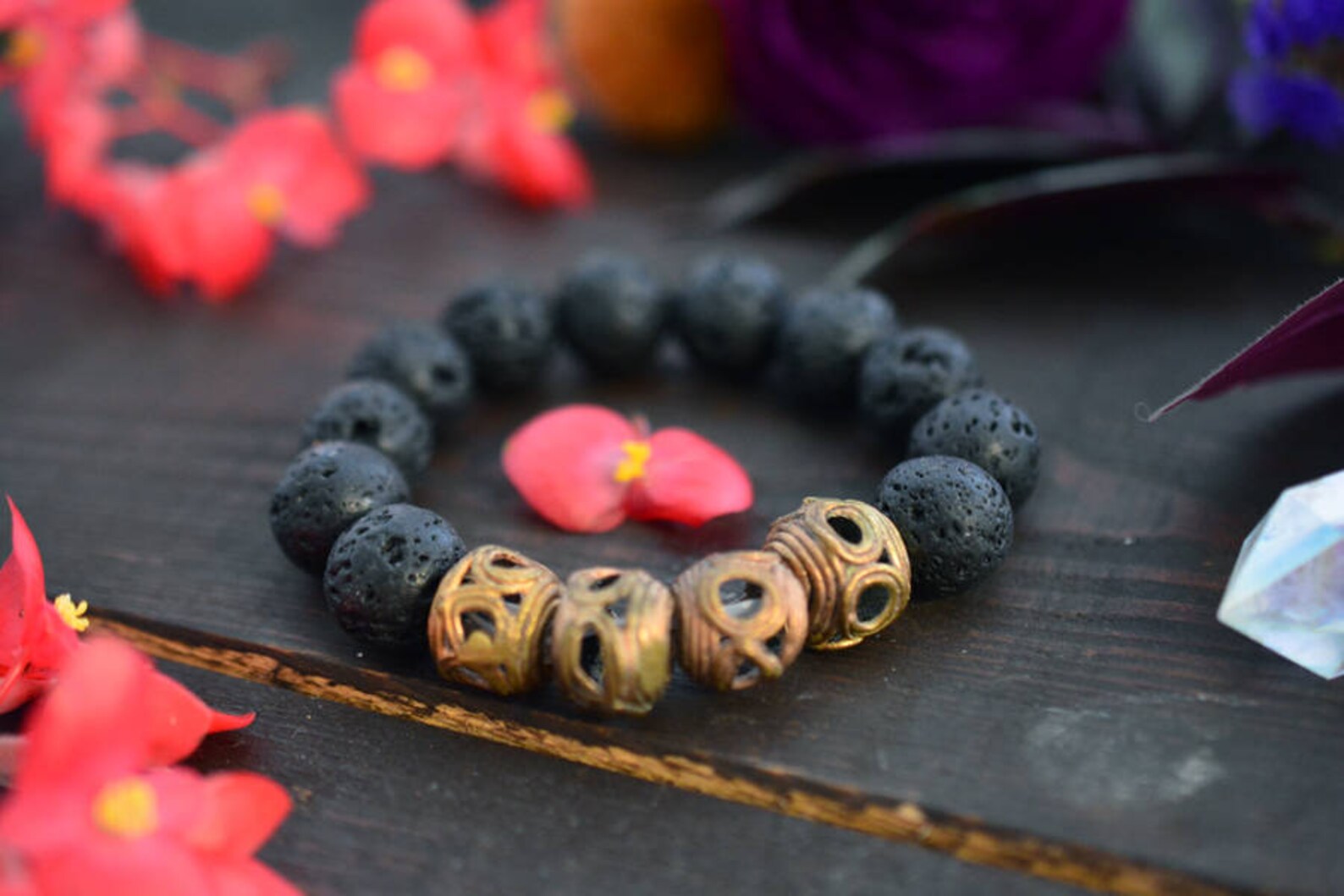 Beautiful Natural Lava Rock Stone Bracelet With African Brass Ashanti ...