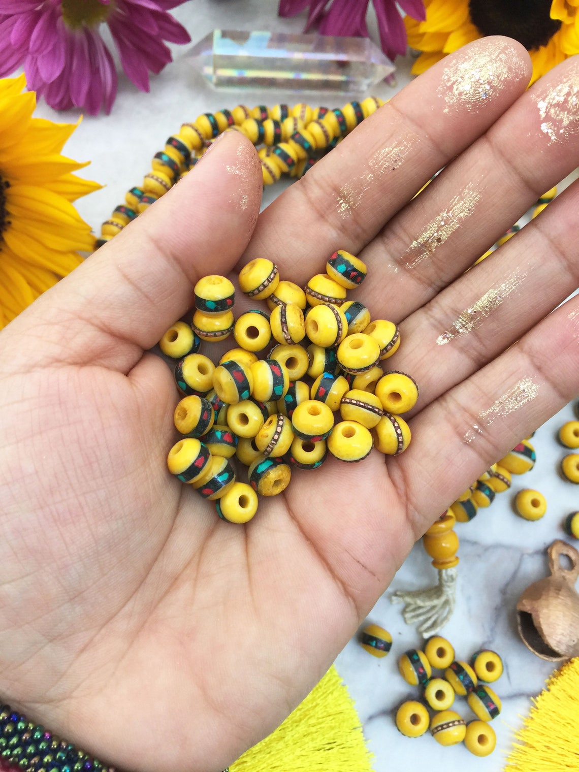 Yak Bone Beads: Sunny Yellow 8mm Inlaid Bone Beads From - Etsy
