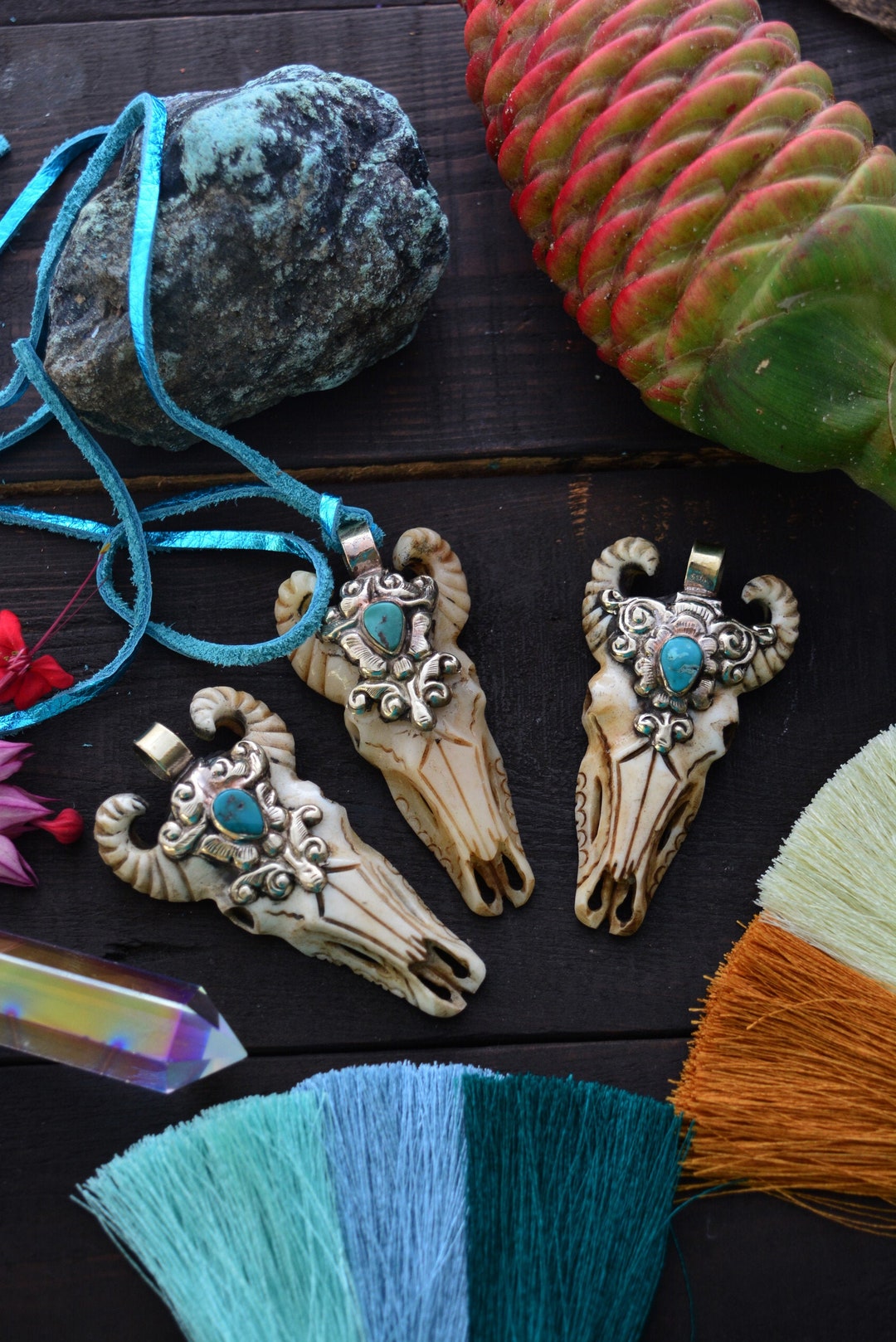 The Ram: Silver Adorned, Large Carved Ram Bone Pendant, 3", 1 Piece ...