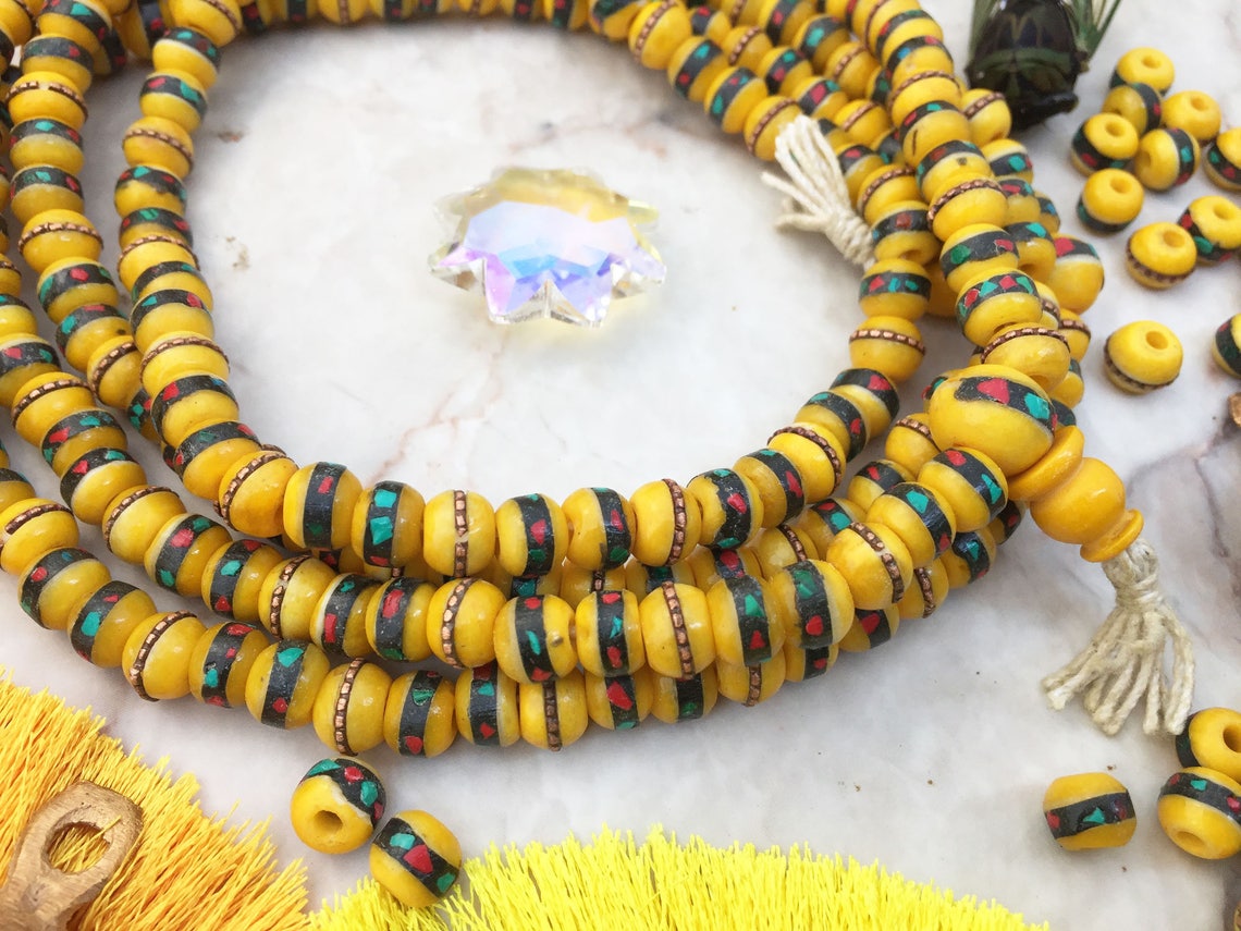Yak Bone Beads: Sunny Yellow 8mm Inlaid Bone Beads From - Etsy