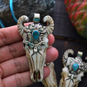 The Ram: Silver Adorned, Large Carved Ram Bone Pendant, 3", 1 Piece ...