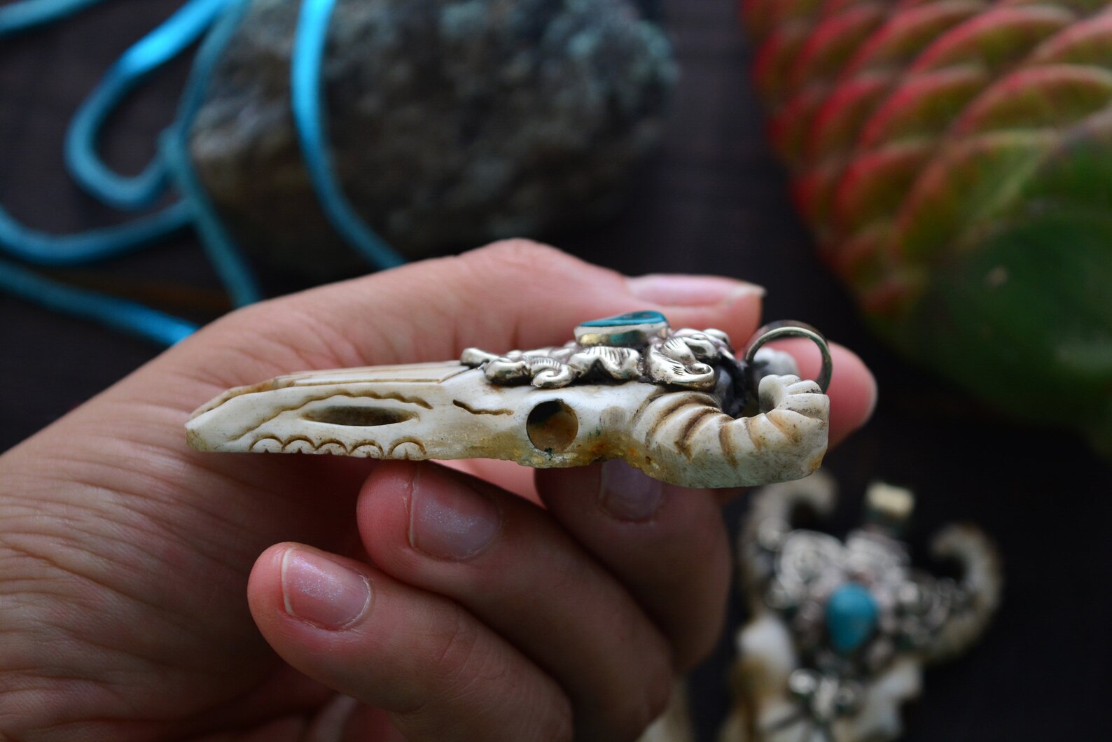 The Ram: Silver Adorned, Large Carved Ram Bone Pendant, 3", 1 Piece ...