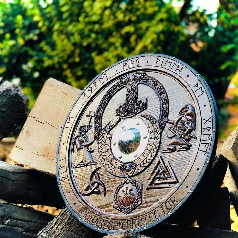 Custom Viking Shield, Medieval Round Shield, Carved Viking Gift, Wall ...