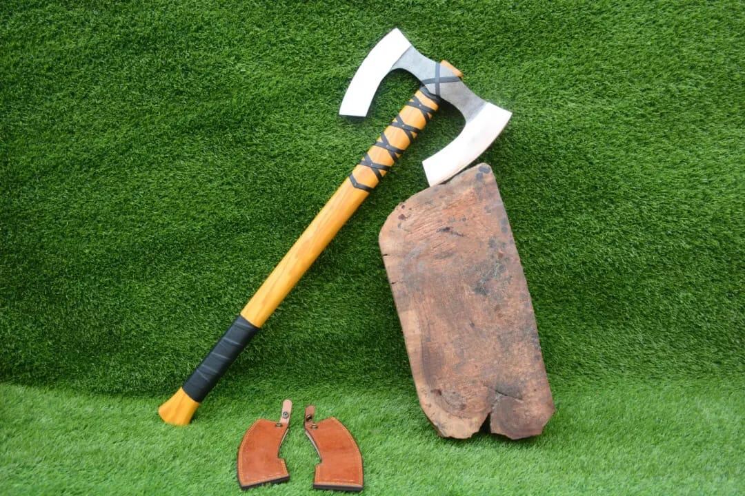 Handcrafted Double-edged Battle Axe With Leather Sheath Viking-inspired Design Custom ...