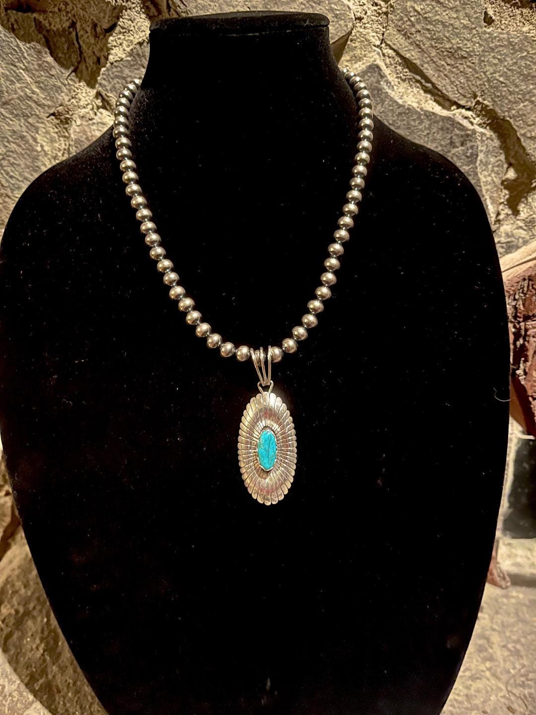 Daniel Benally Navajo Turquoise Pendant & Sterling Silver Beaded ...