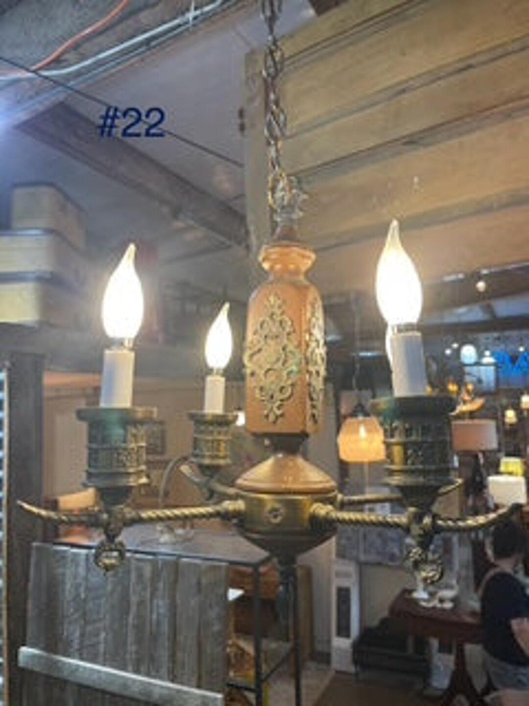 Vintage MCM Mid-century Modern Wood and Brass Four Arm Chandelier Light ...