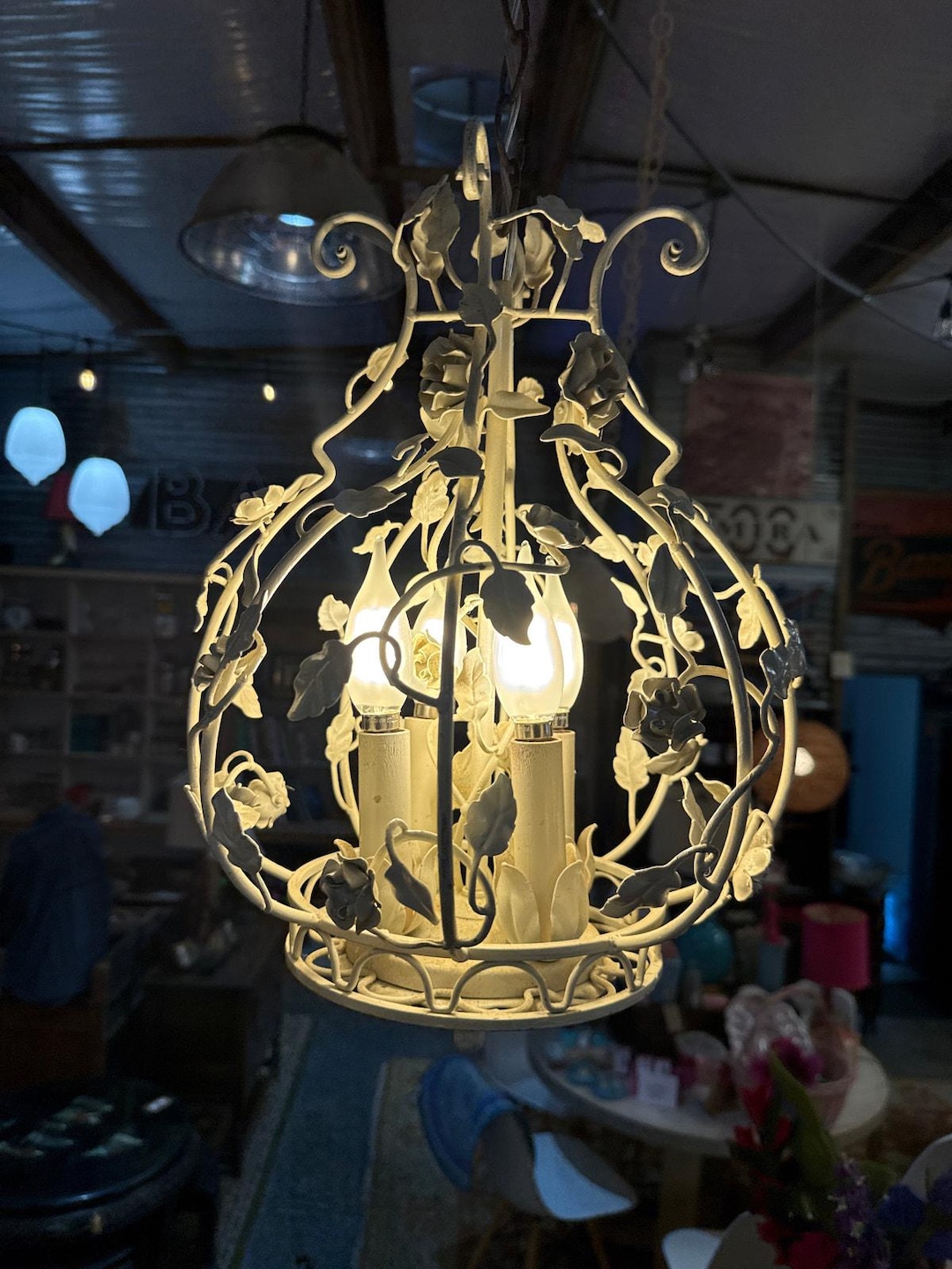 Vintage Cottagecore Cast Metal Flower Vine Hanging Pendant Light ...