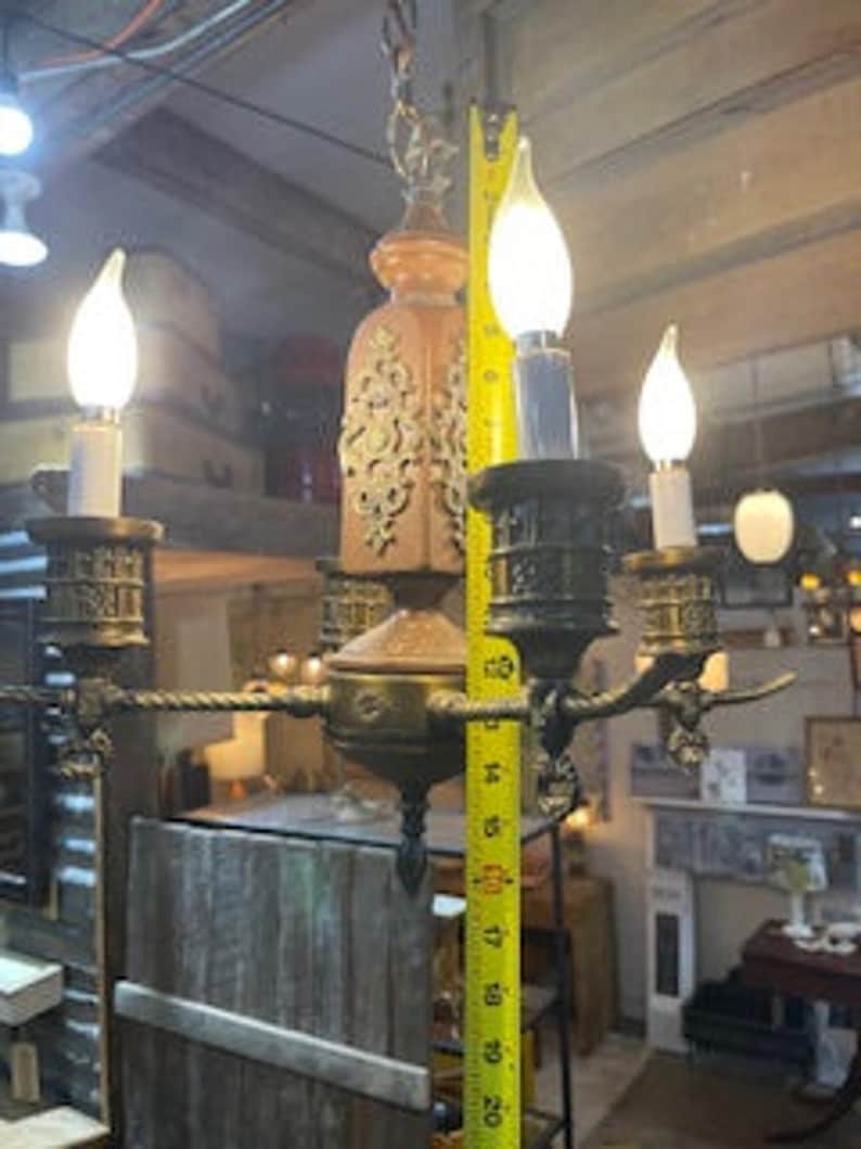 Vintage MCM Mid-century Modern Wood and Brass Four Arm Chandelier Light ...