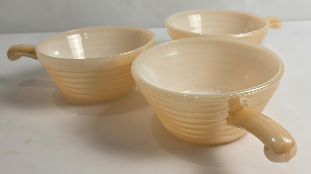 Vintage Fire King Overware Lusterware Peach Ribbed Handled Soup Bowl ...