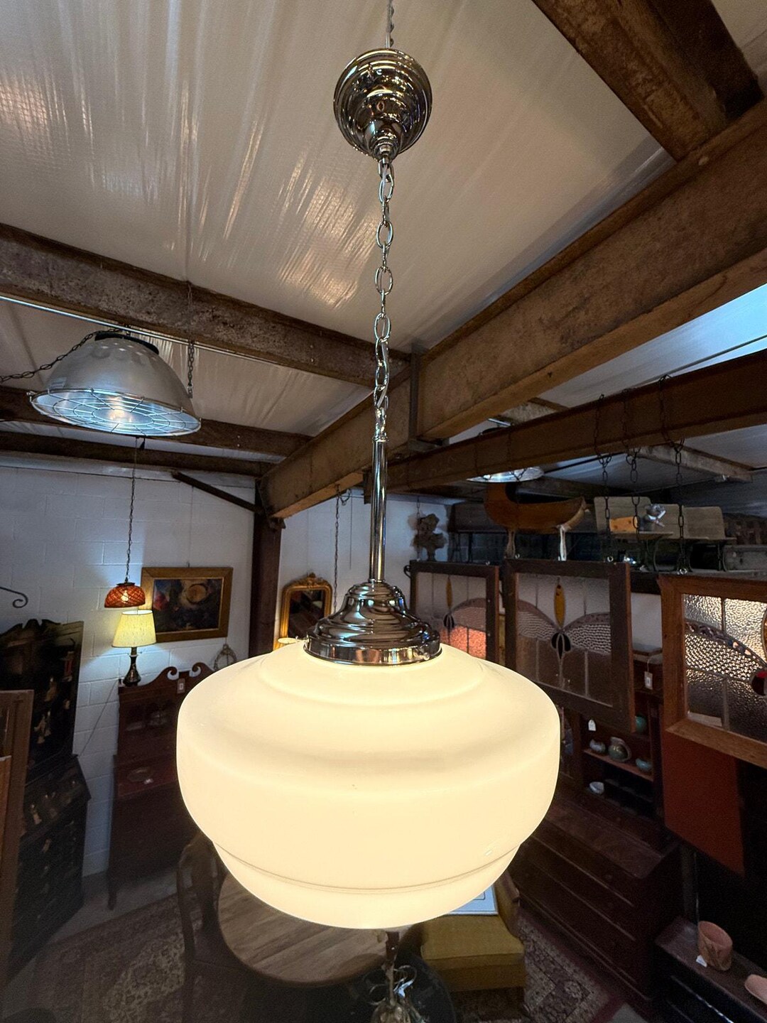Vintage Oversized School House Pendant Light Fixture With Chrome ...