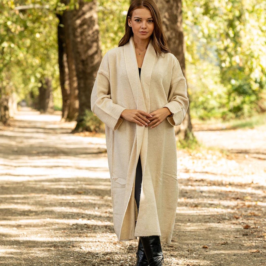 Women's Extra Long Cardigan Relaxed Cut Long Cardigan Cream Loose Fit ...