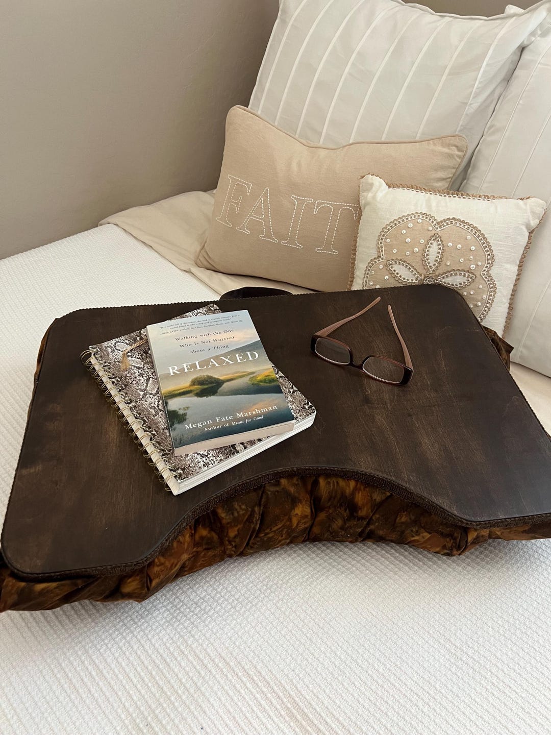 Large Walnut Stained Lap Desk With Brown Batik Pillow and Right Side ...