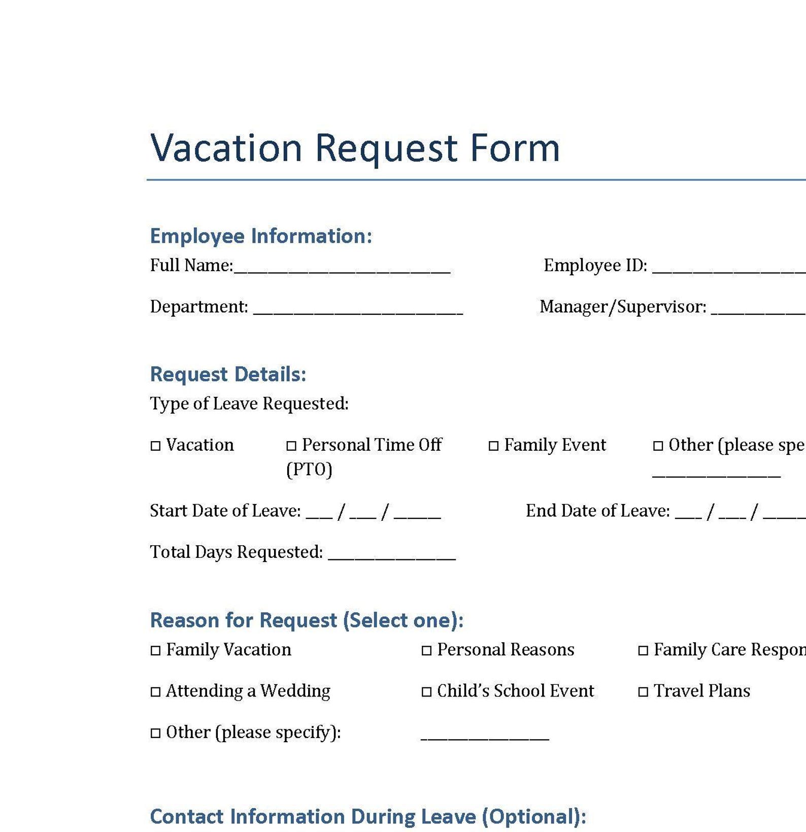 Printable Vacation Request Form | Easy-to-use Employee Leave Request ...