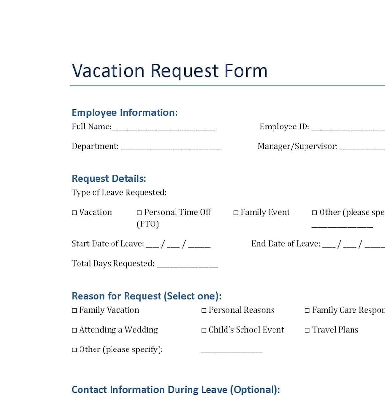 Printable Vacation Request Form | Easy-to-use Employee Leave Request Template | Editable - Etsy