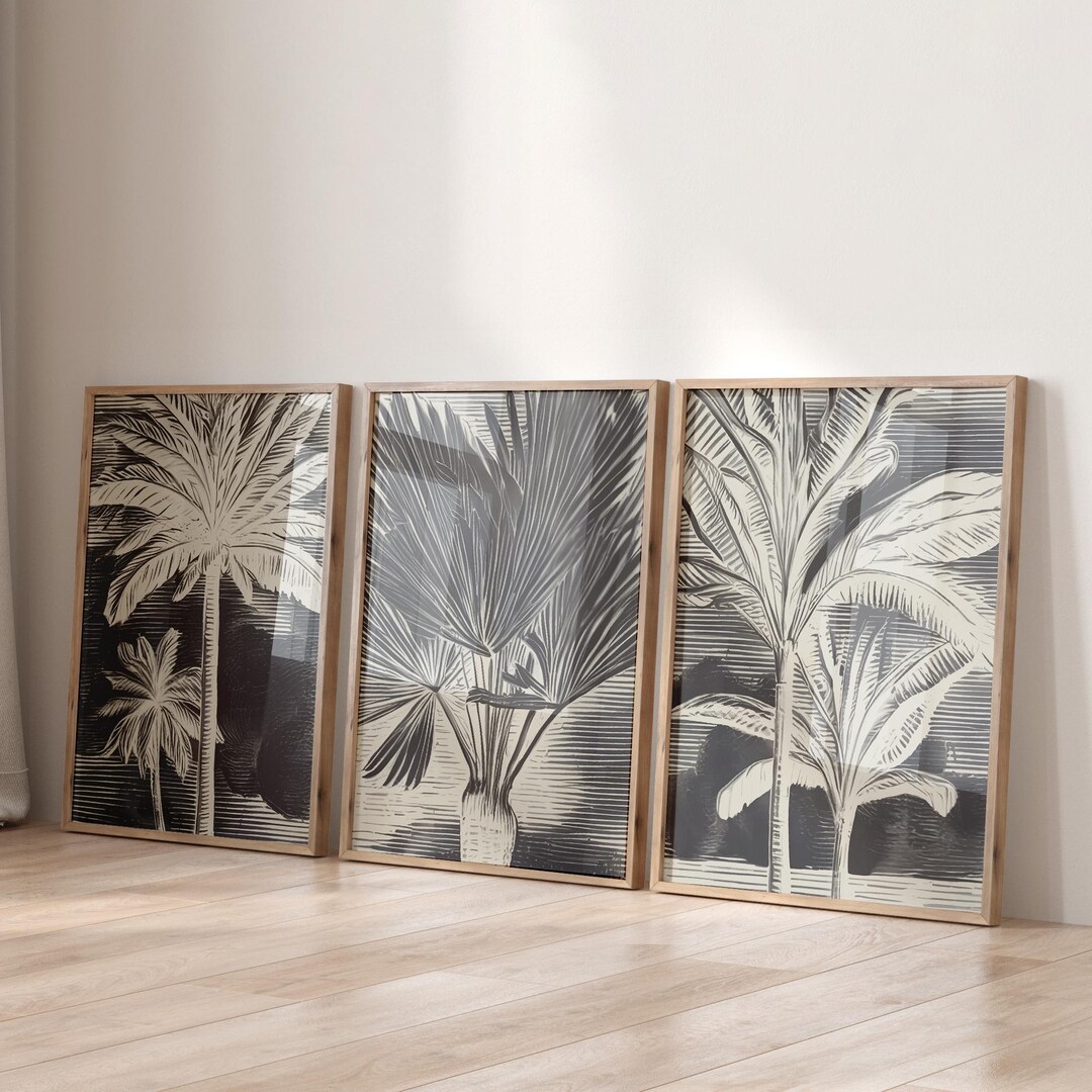 Grey Palm Trees Framed Canvas Wall Art Set of 3, Tropical Painting Art ...