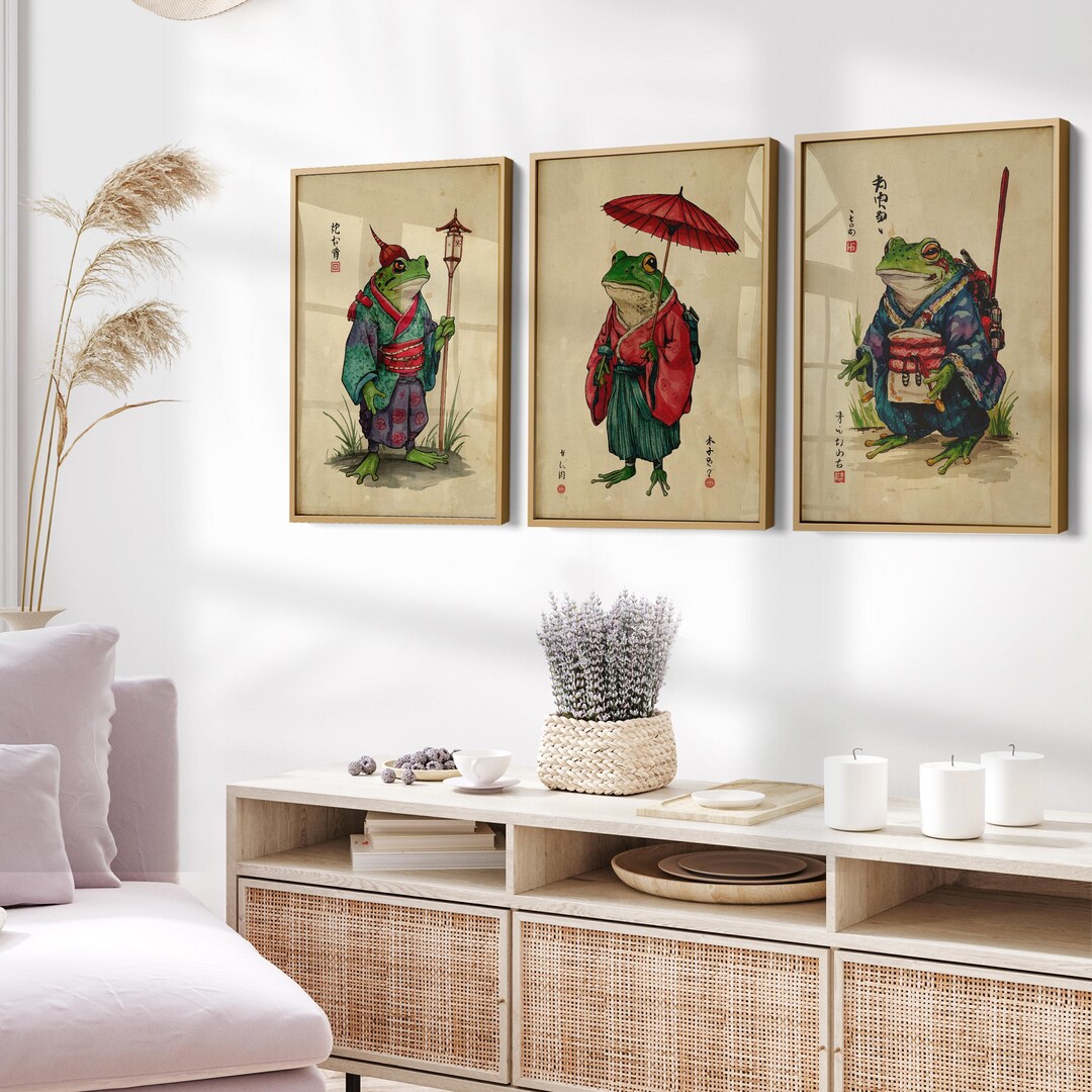 Eupfora Japanese Frogs Framed Canvas Prints, Frog Woodblock Poster, Edo ...