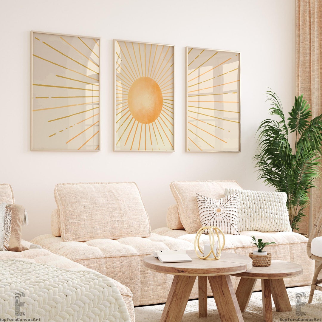 Eupfora Sunshine Canvas Wall Art Set of 3, Sun With Rays Framed Art ...