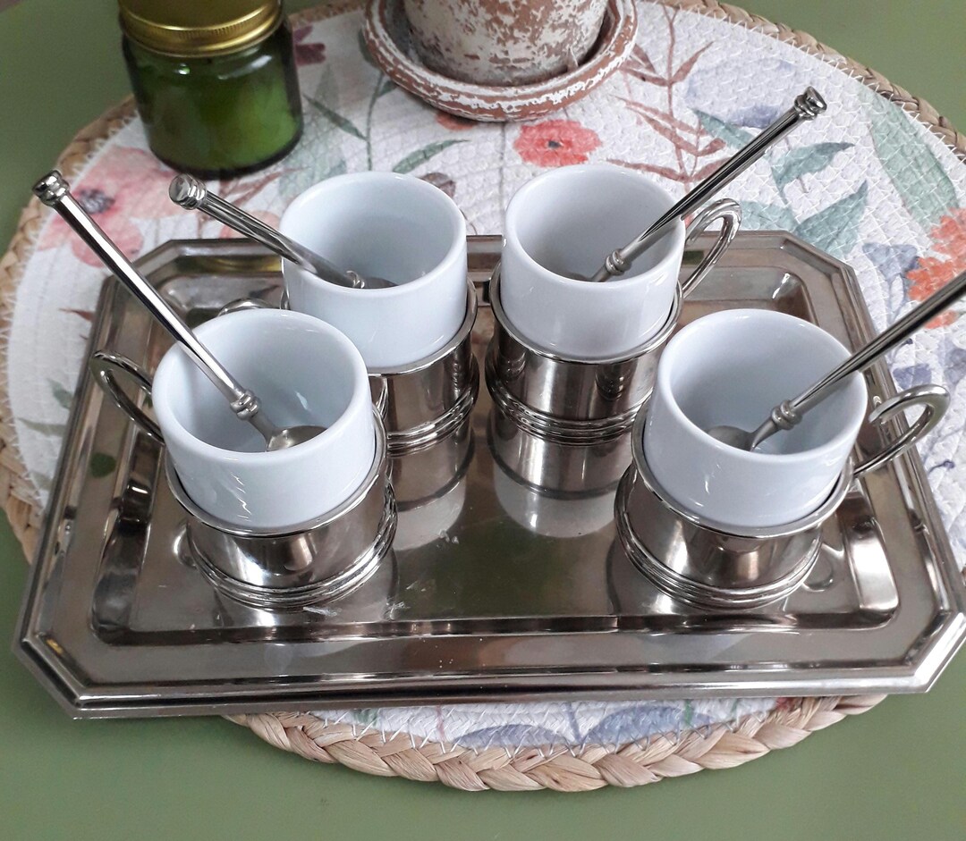 Vintage Set of 4 Ceramic Coffee Cups and Spoons on a Metal Tray 26x18 ...