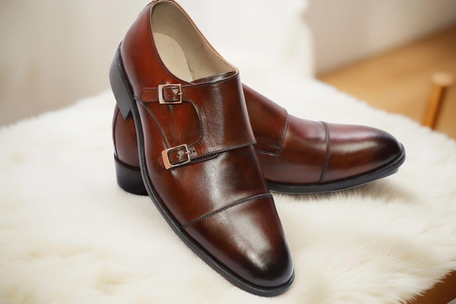 Hand Welted Leather Double Monk Strap Shoes - Brown Full Grain, Custom ...