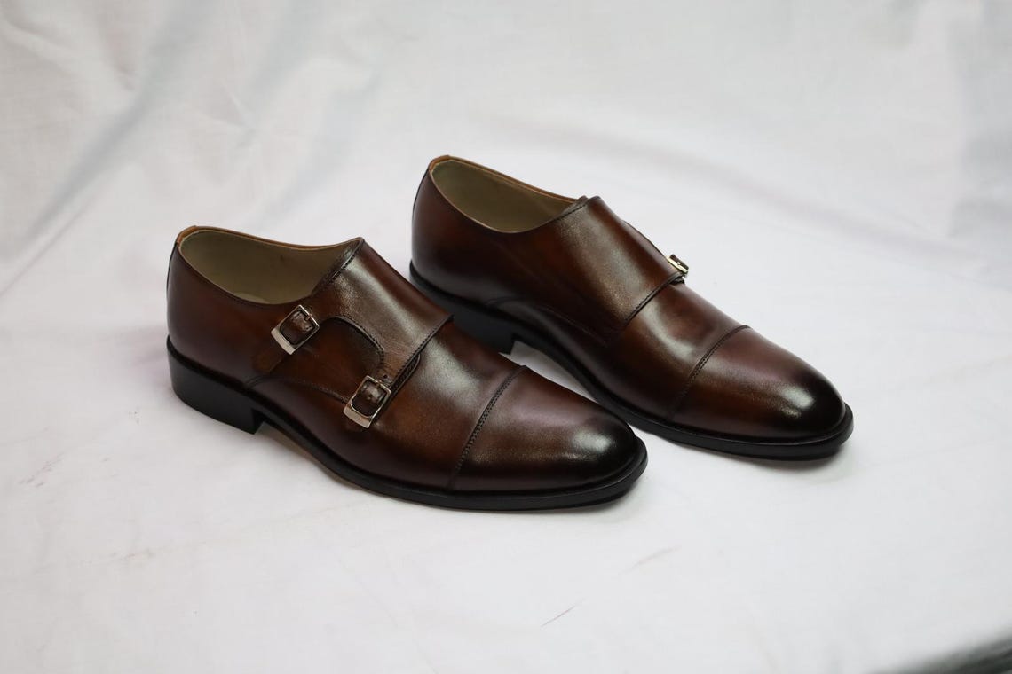 Hand Welted Leather Double Monk Strap Shoes - Brown Full Grain, Custom ...