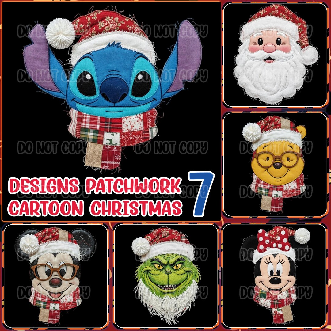 7 Designs Patchwork Christmas Designs, Patchwork Cartoon Png, Retro ...