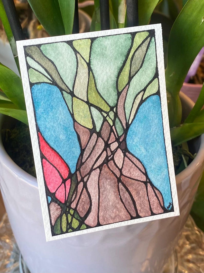 Neurographic Art Tree Painting: Awaiting the Red Bloom Miniature ACEO ...