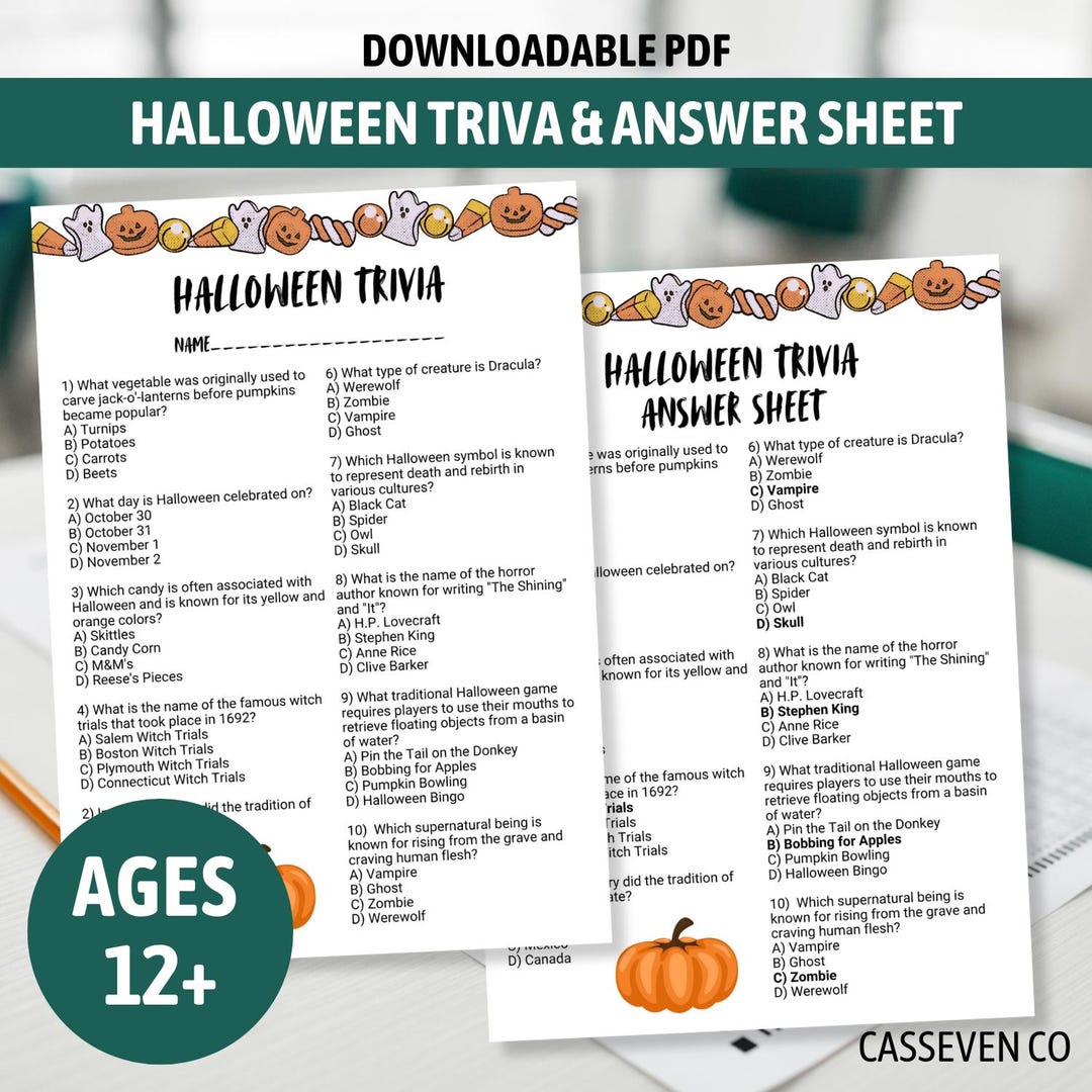 Halloween Trivia Sheet for Ages 12 and up Halloween Kids Trivia Game 10 ...