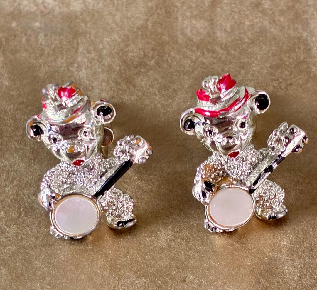 1960s Gold Tone Teddy Bear Playing Banjo Cuff Links With Mother of ...