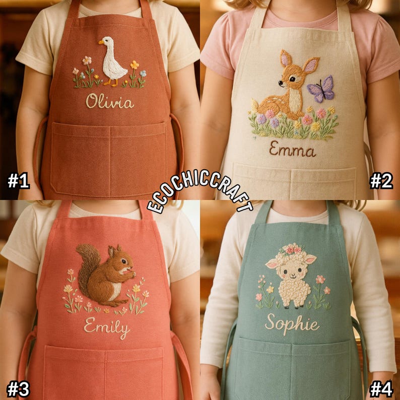 Hand Embroidered Animal Kids Apron – Cute Personalized Cooking Apron ...
