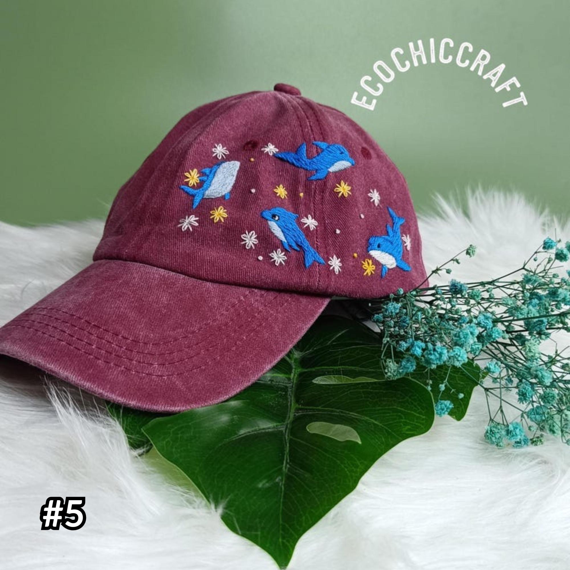 Cute Sea Creatures Embroidered Hat – Handmade Dolphin, Shark, Whale ...
