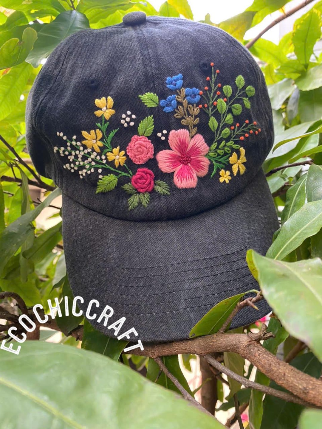 Personalized Name Hand Embroidered Baseball Cap, Bunch Floral Blossoms ...