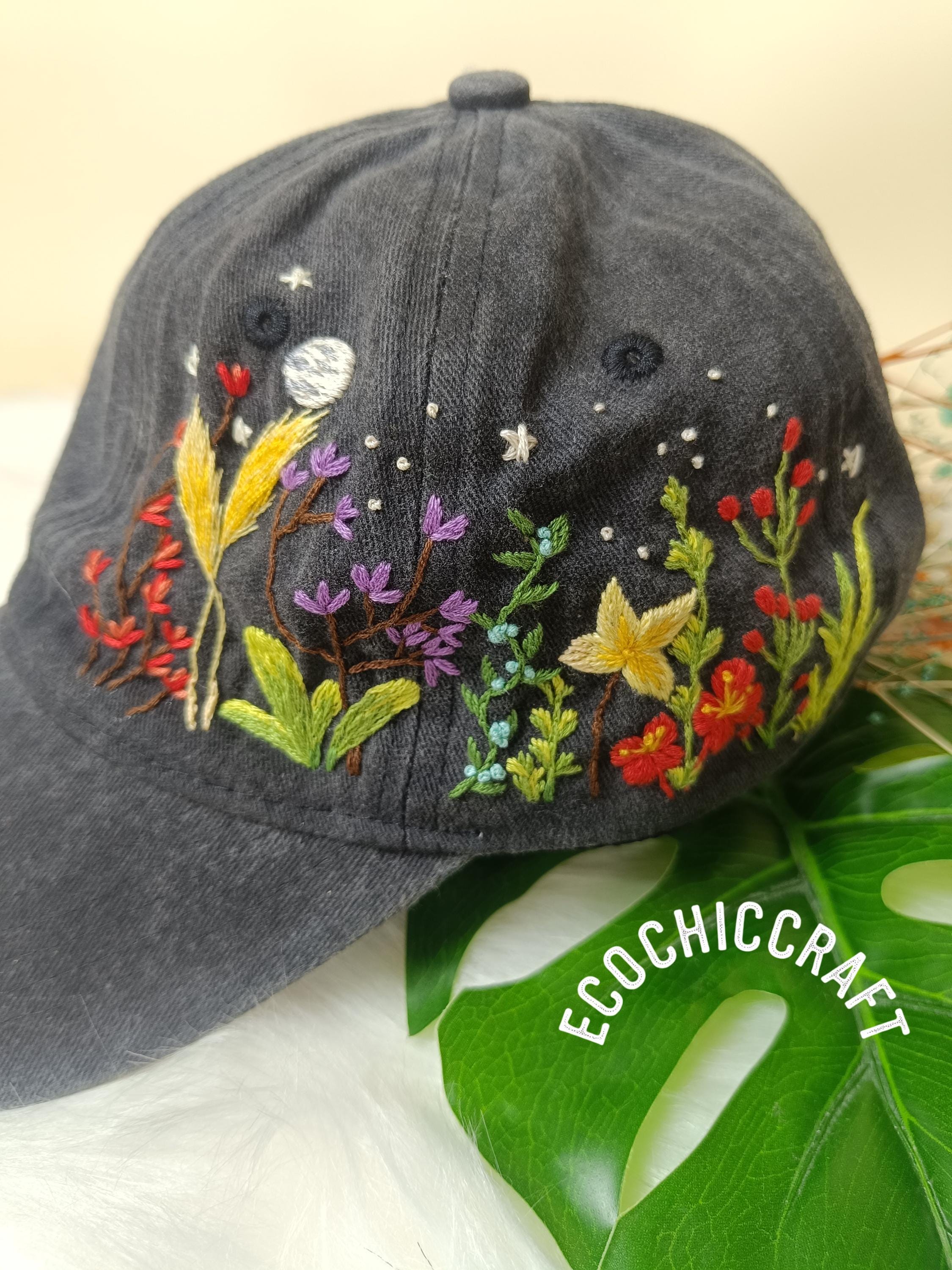 Personalized Name Hand Embroidered Hat, Gardens Flower and Moon ...