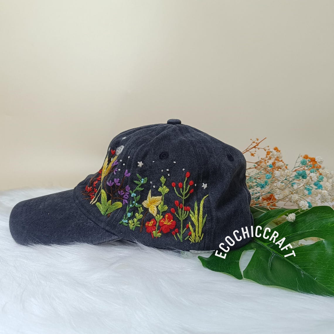 Personalized Name Hand Embroidered Hat, Gardens Flower and Moon ...