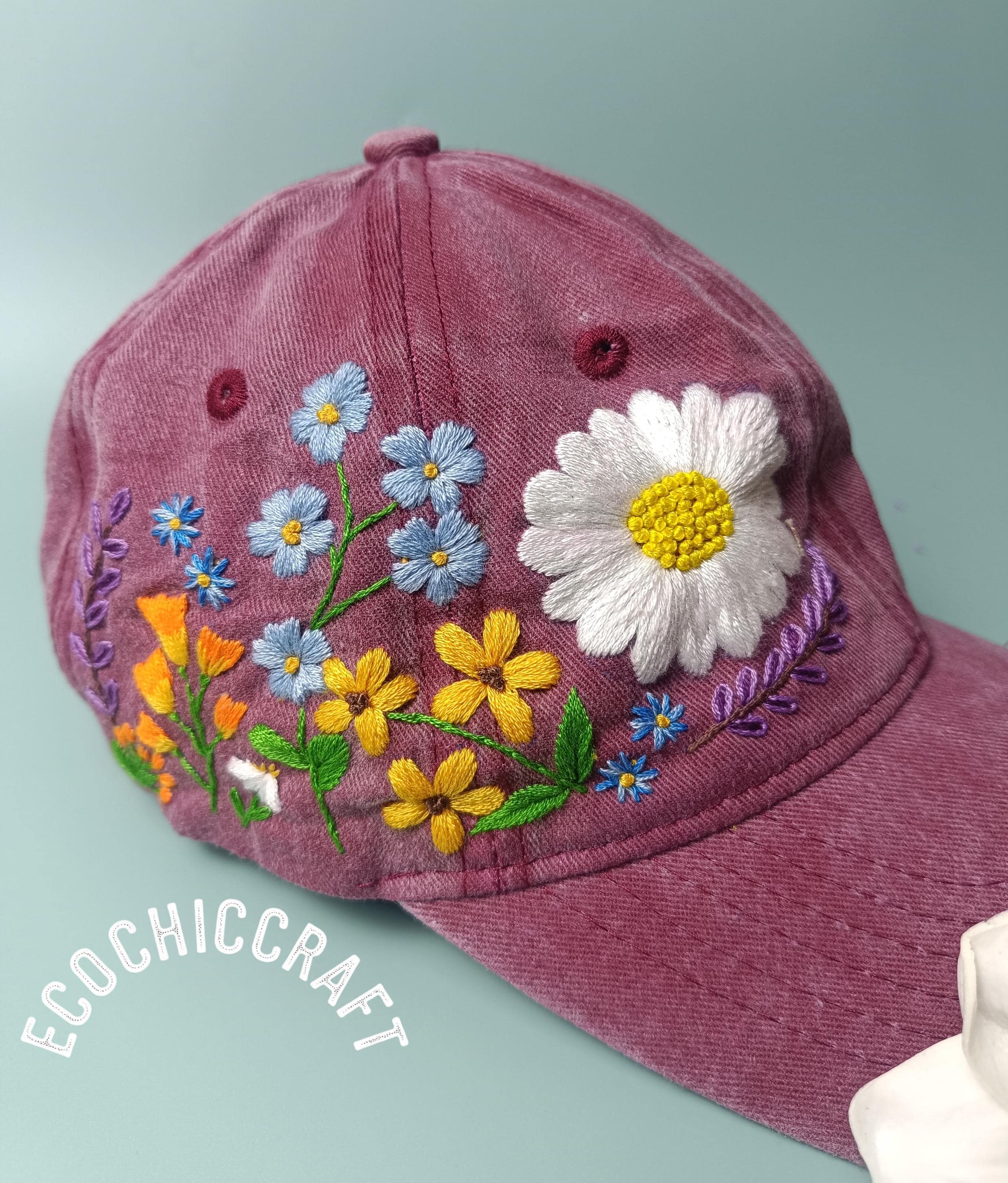 Personalized Name Hand Embroidered Hat, Daisy and Wildflower ...