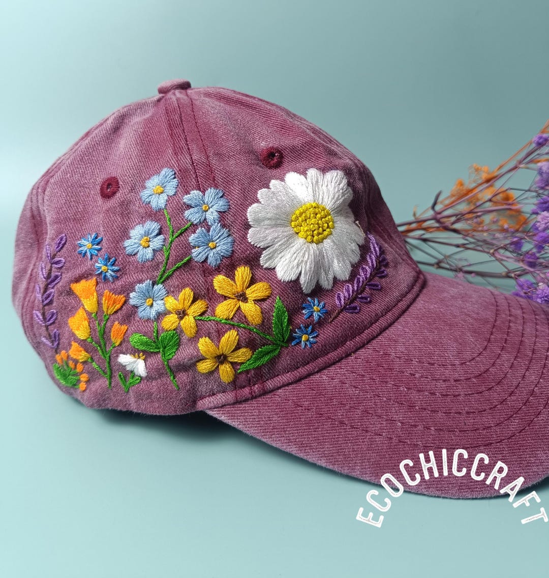 Personalized Name Hand Embroidered Hat, Daisy and Wildflower ...