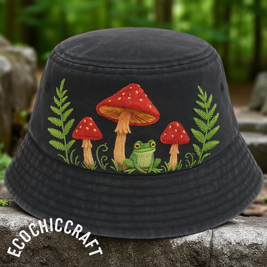 Hand Embroidered Bucket Hat With Frog and Mushroom, Cottagecore Forest ...