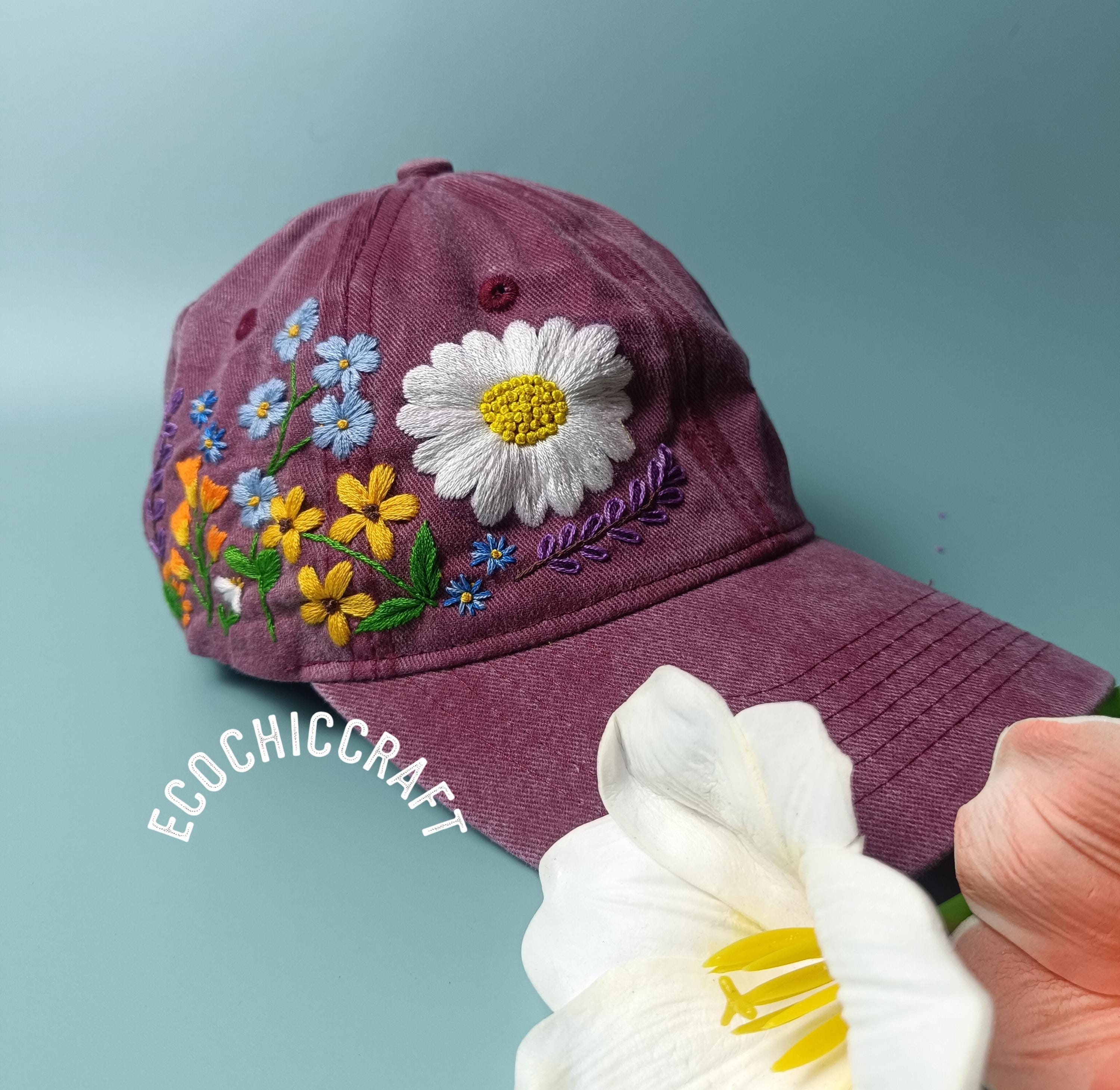 Personalized Name Hand Embroidered Hat, Daisy and Wildflower ...