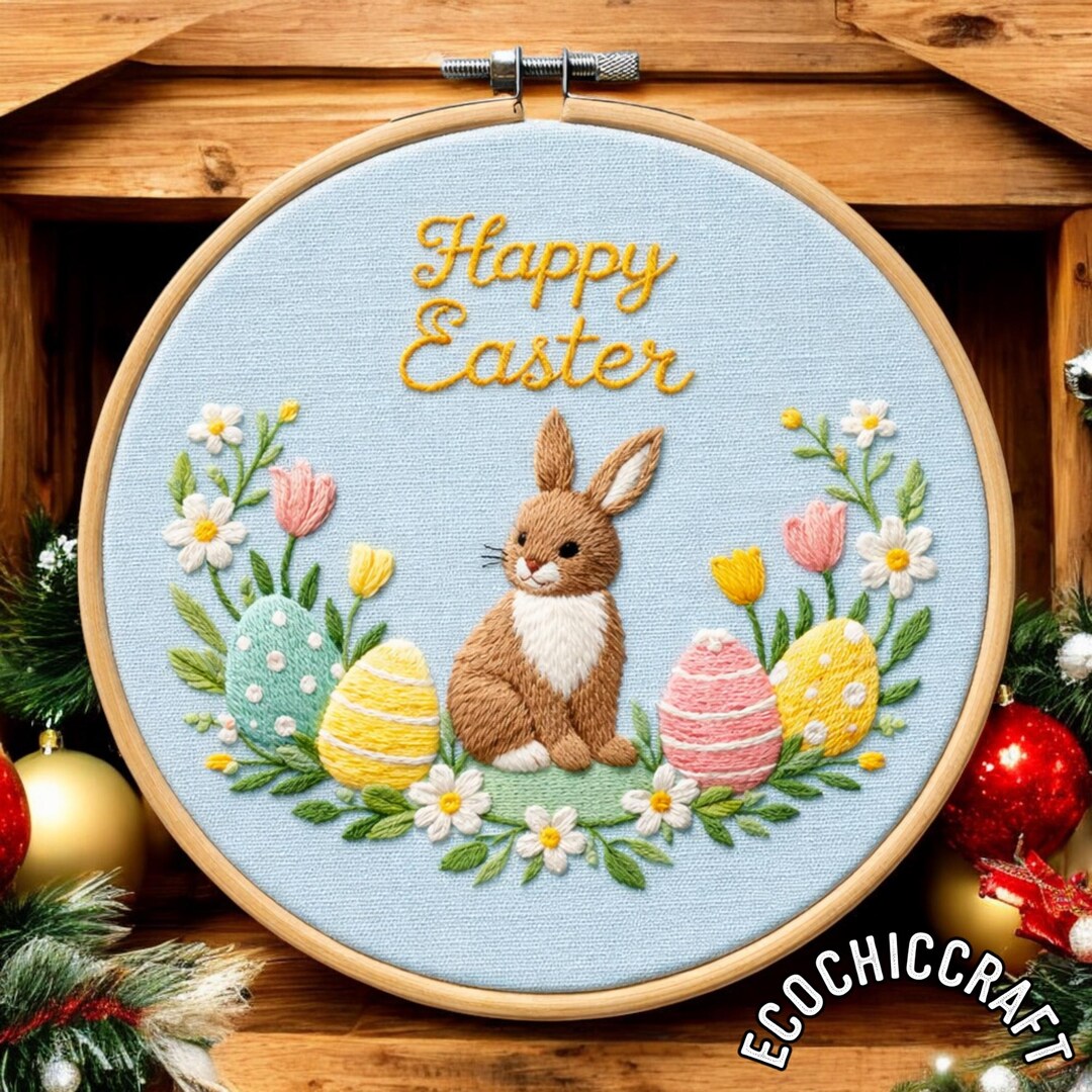 Hand Embroidered Easter Hoop Art, Bunny Egg Floral Embroidery, Spring ...