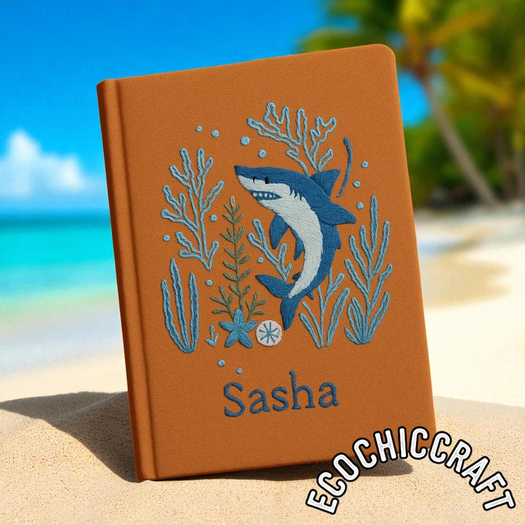 Ocean Embroidered Notebook, Shark Embroidery Journal, Handmade Ocean ...