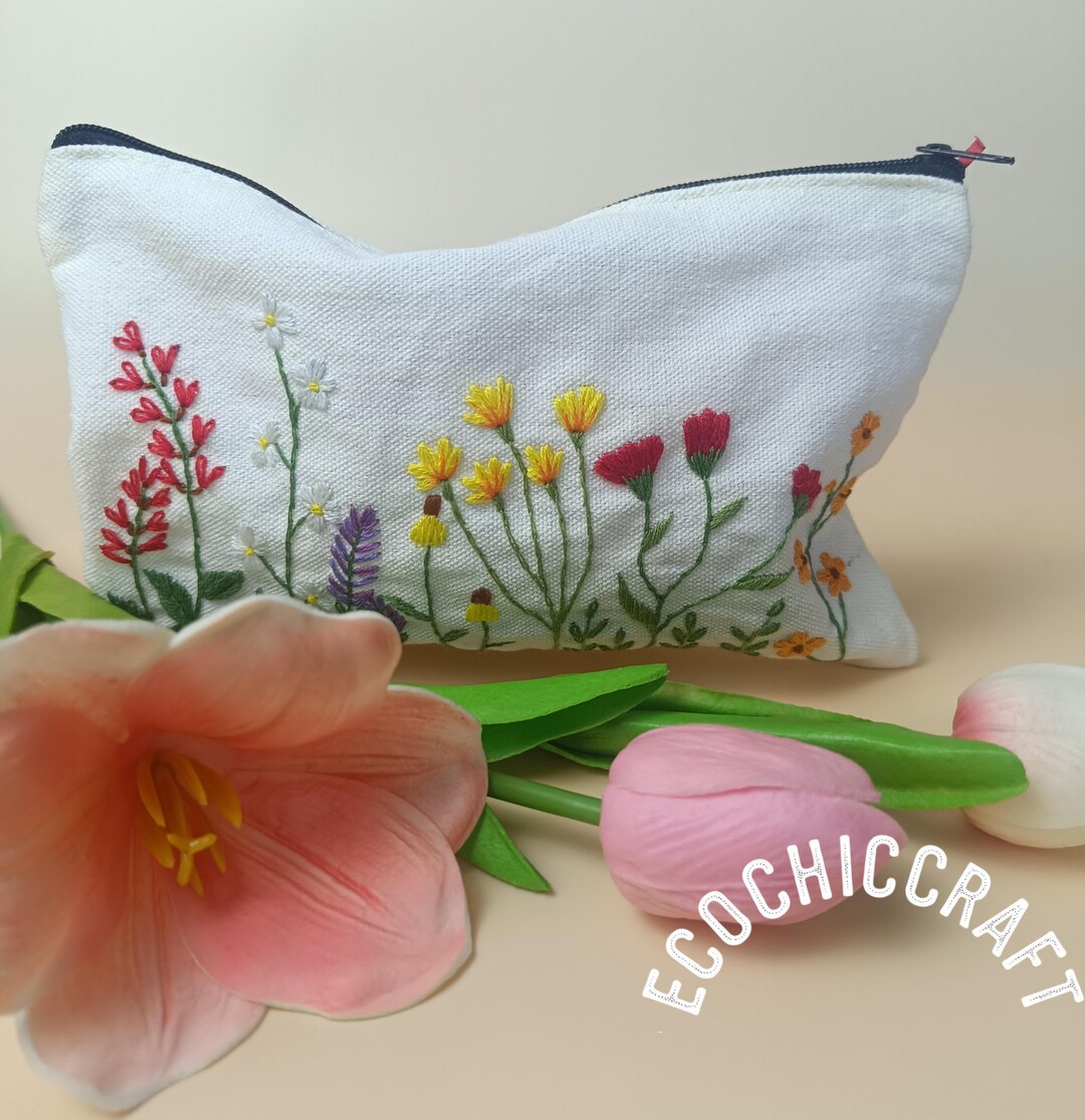 Personalized Hand Embroidered, Wild Floral Linen Wallet, Handmade ...