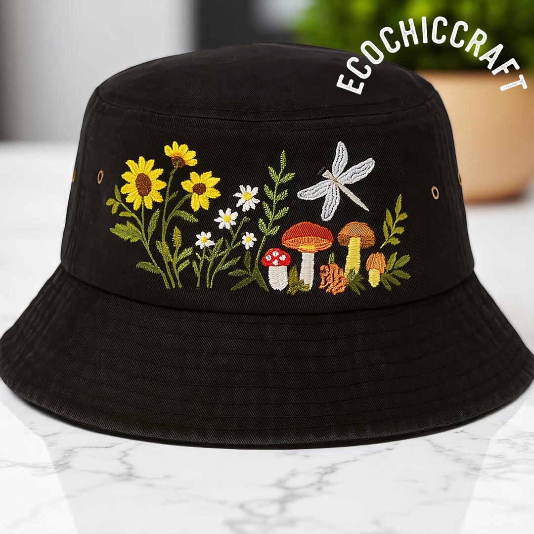 Hand Embroidered Bucket Hat With Sunflower and Dragonfly, Naturecore ...