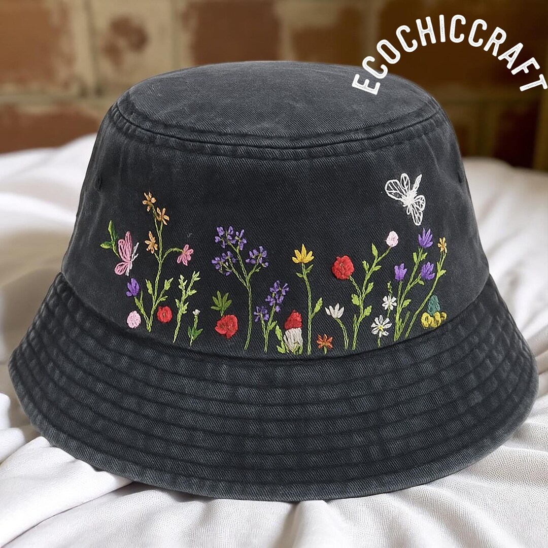 Hand Embroidered Bucket Hat With Wild Flower, Cottagecore Floral Hat ...