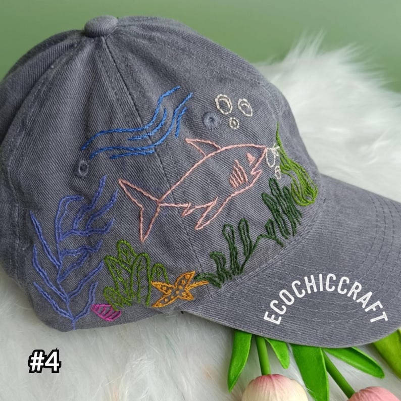 Cute Sea Creatures Embroidered Hat – Handmade Dolphin, Shark, Whale ...