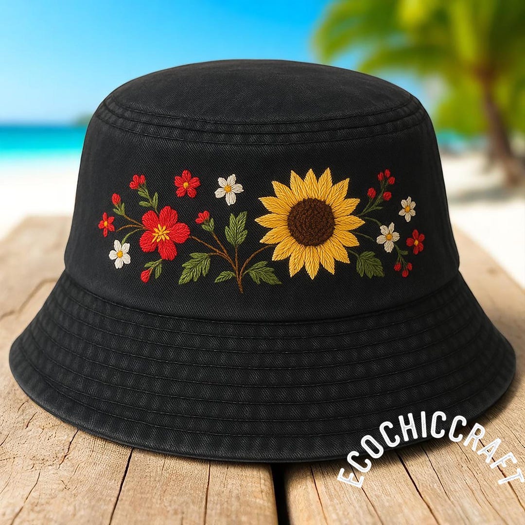 Hand Embroidered Bucket Hat With Sunflowers and Wild Flowers, Floral ...