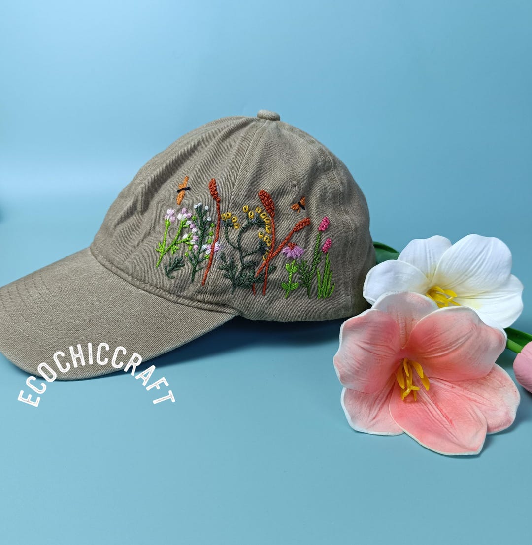 Personalized Name Hand Embroidered Hat, Reed Wild Flower Meadow and ...