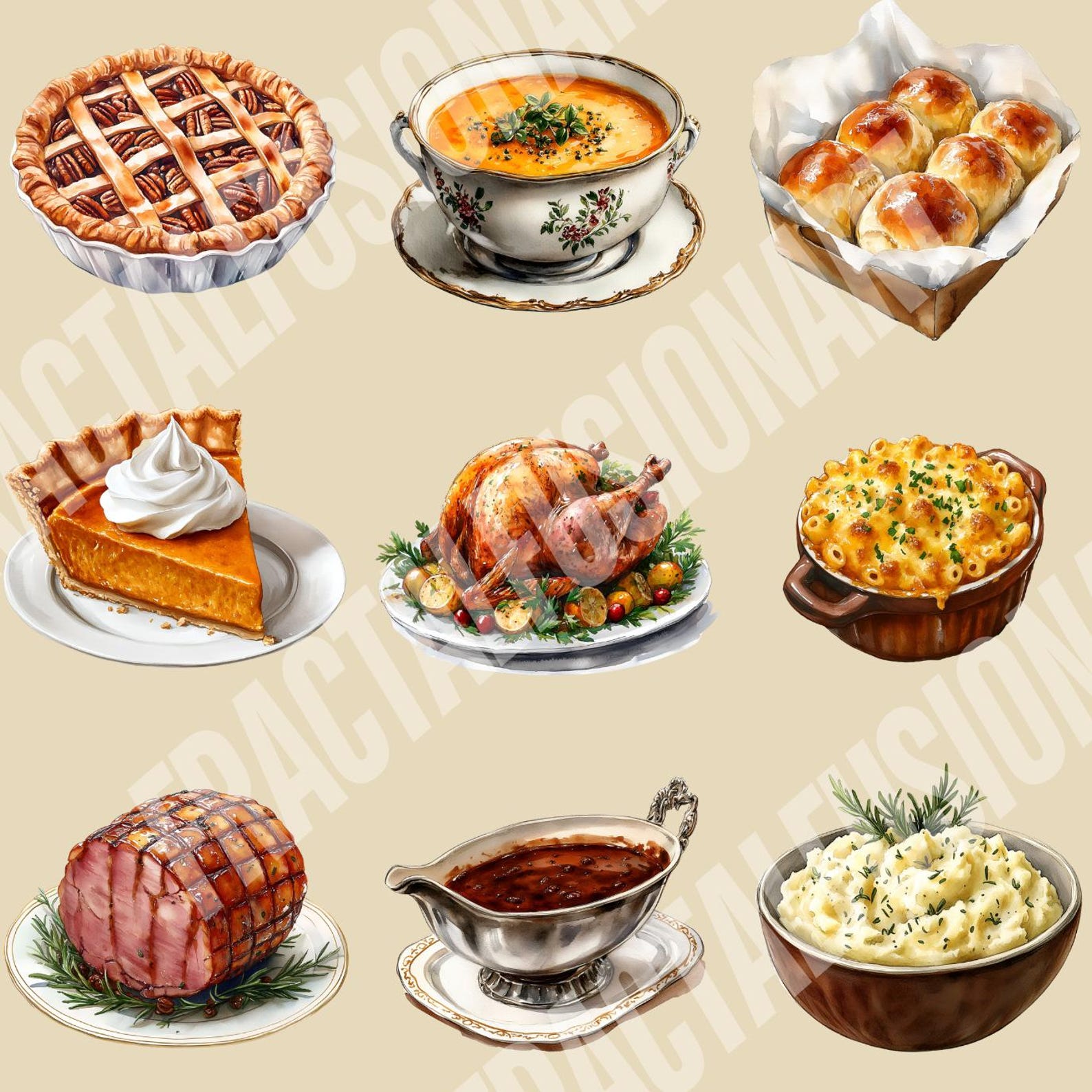 Watercolor Thanksgiving Dinner Clip Art Set Festive Table Essentials ...
