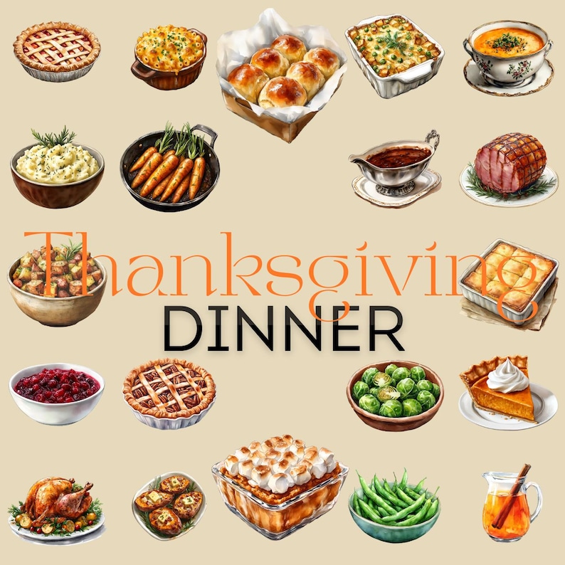 Watercolor Thanksgiving Dinner Clip Art Set Festive Table Essentials ...