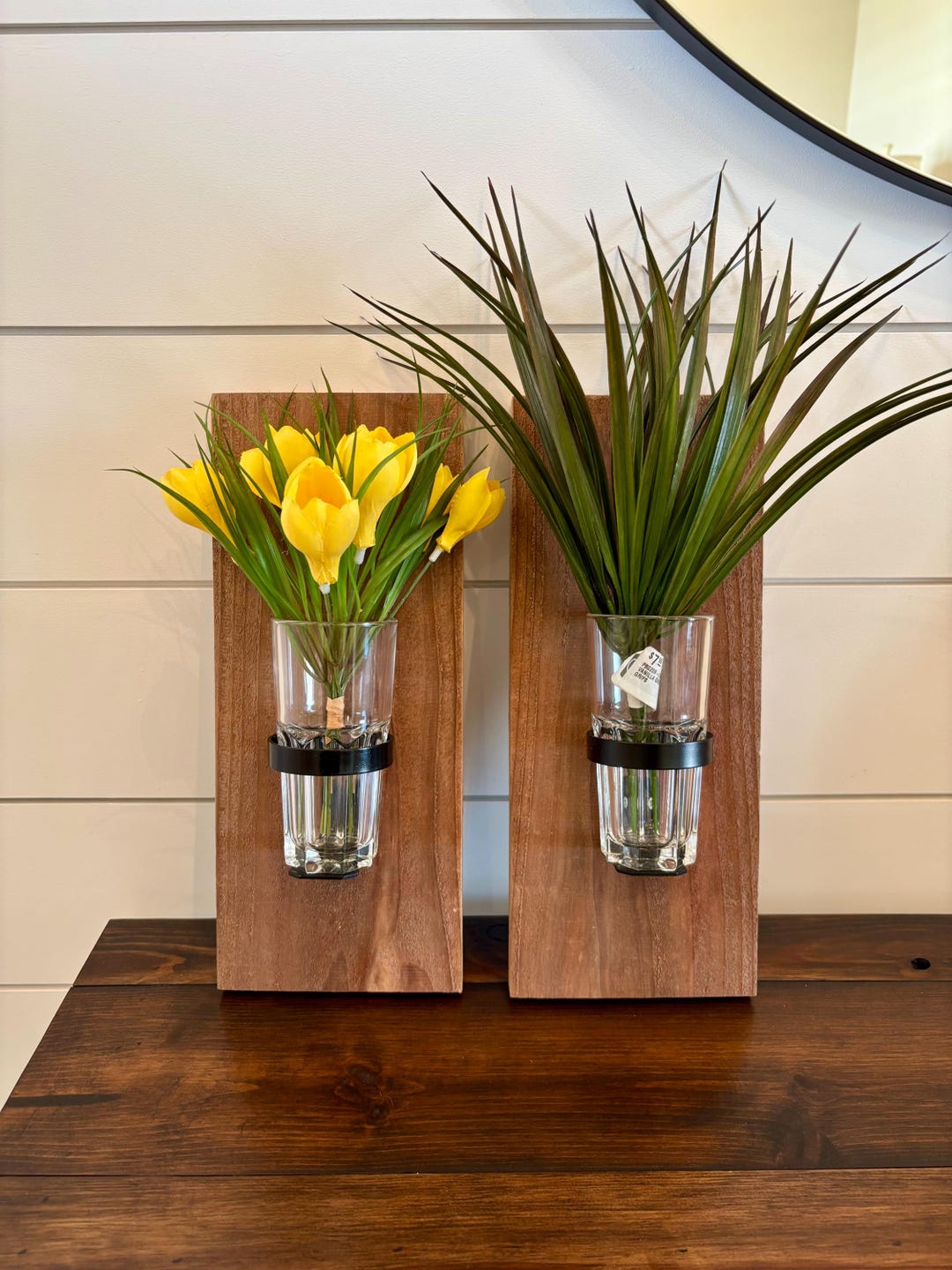 Set of 2 Rustic Cedar Wood Wall Vases – Vintage Glass Farmhouse Sconce ...