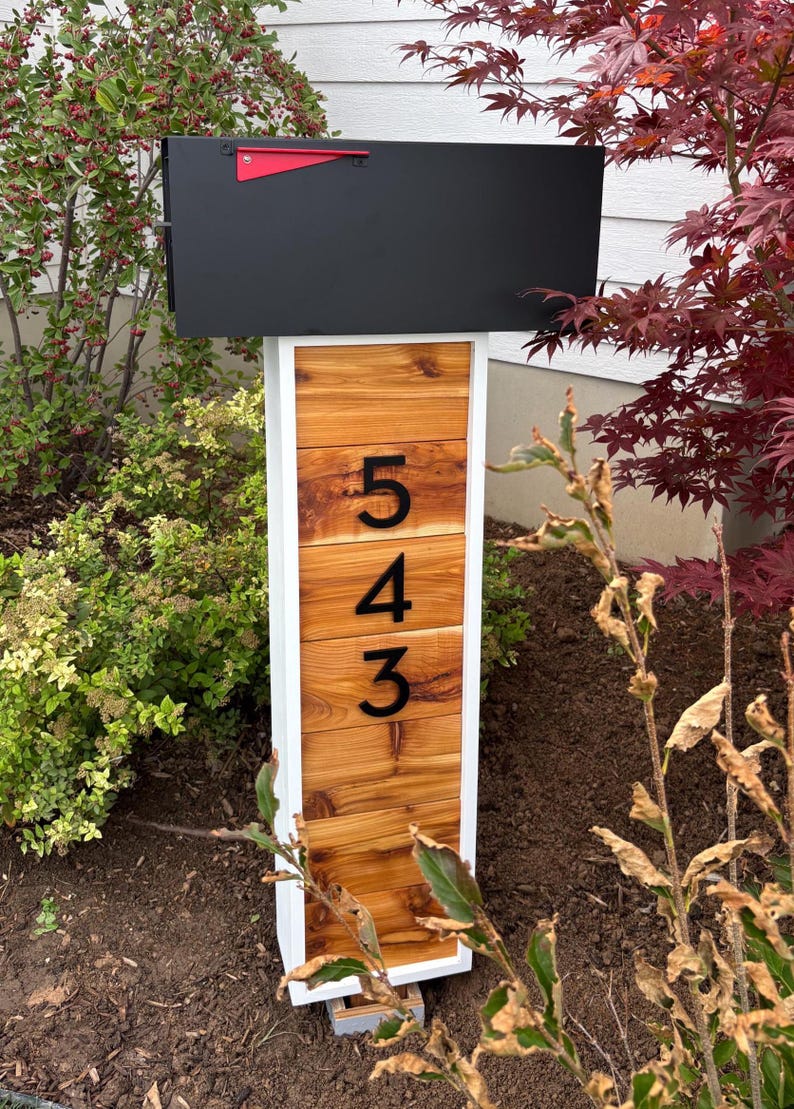 Handmade Modern Cedar Mailbox Post With Address Numbers & Solar Lights ...
