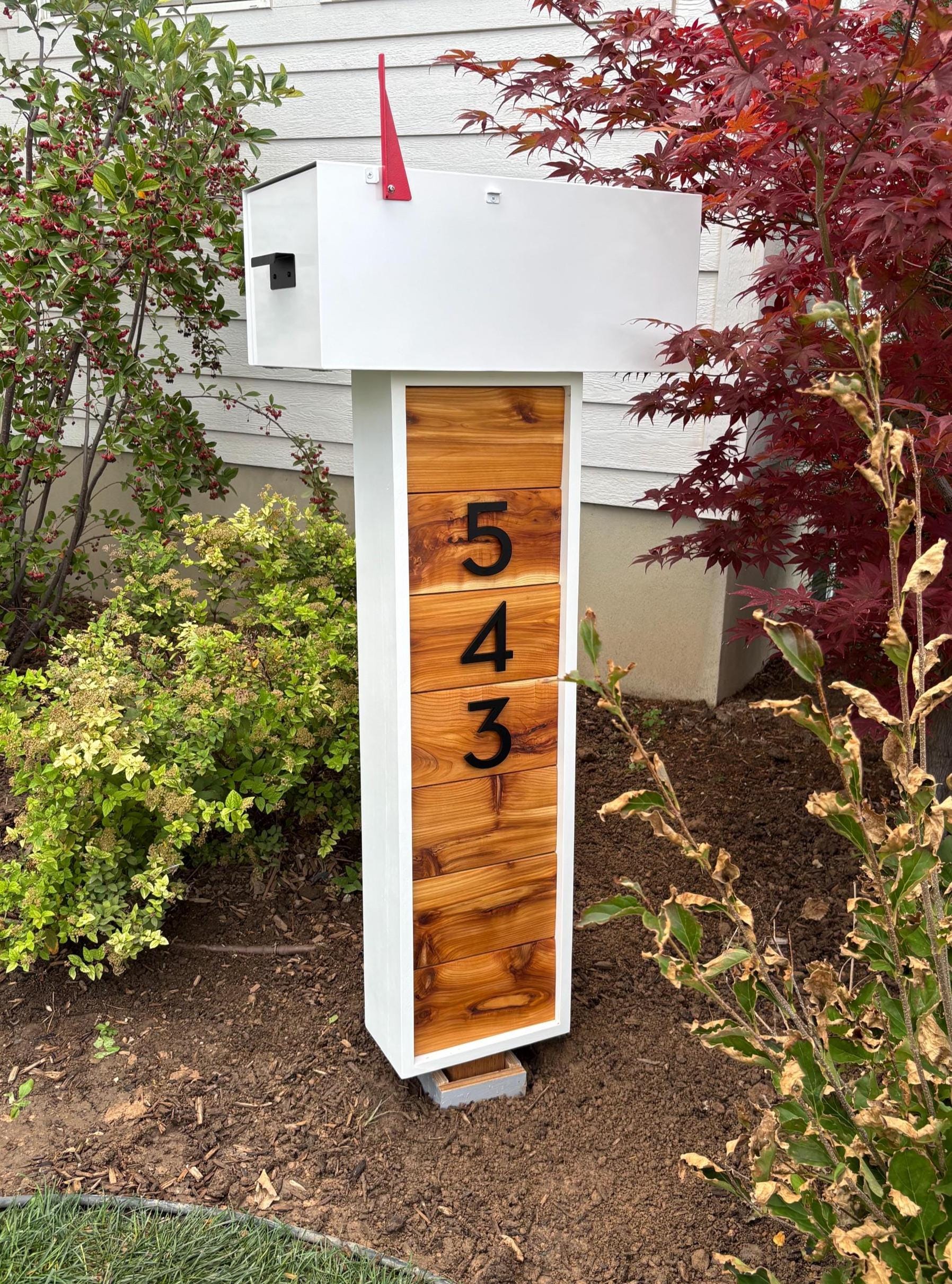 Handmade Modern Cedar Mailbox Post With Address Numbers & Solar Lights ...